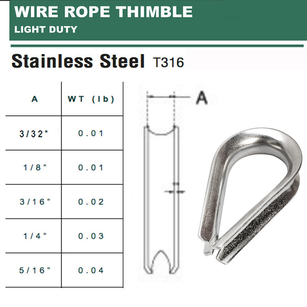 Stainless Steel 316 LIGHT DUTY Wire Rope Chain Thimble 3/32", 1/8", 3/