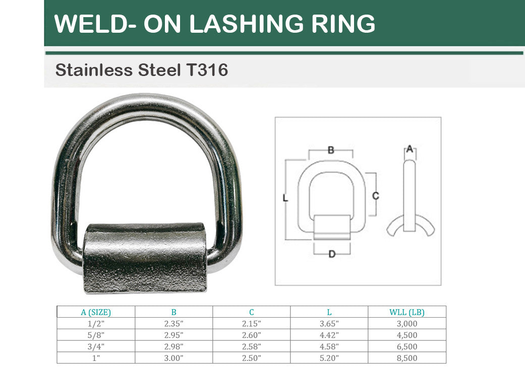 Stainless Steel T316 Weld-On Lashing Ring D-Ring Marine Boat Anchor Ri