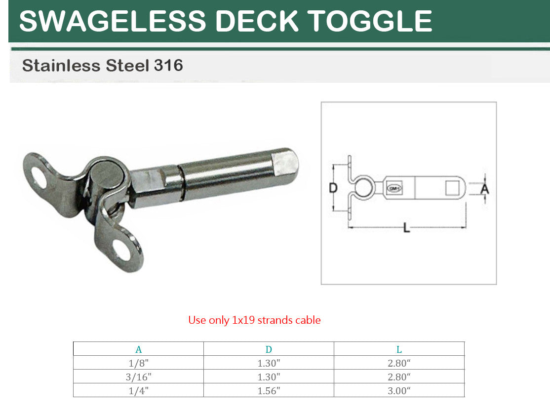 Marine T316 Stainless Steel Push And Go Swageless Deck Toggle For Cabl
