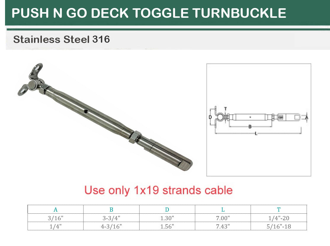 T316 Stainless Steel Push And Go Deck Toggle Turnbuckle For 3/16", 1/4