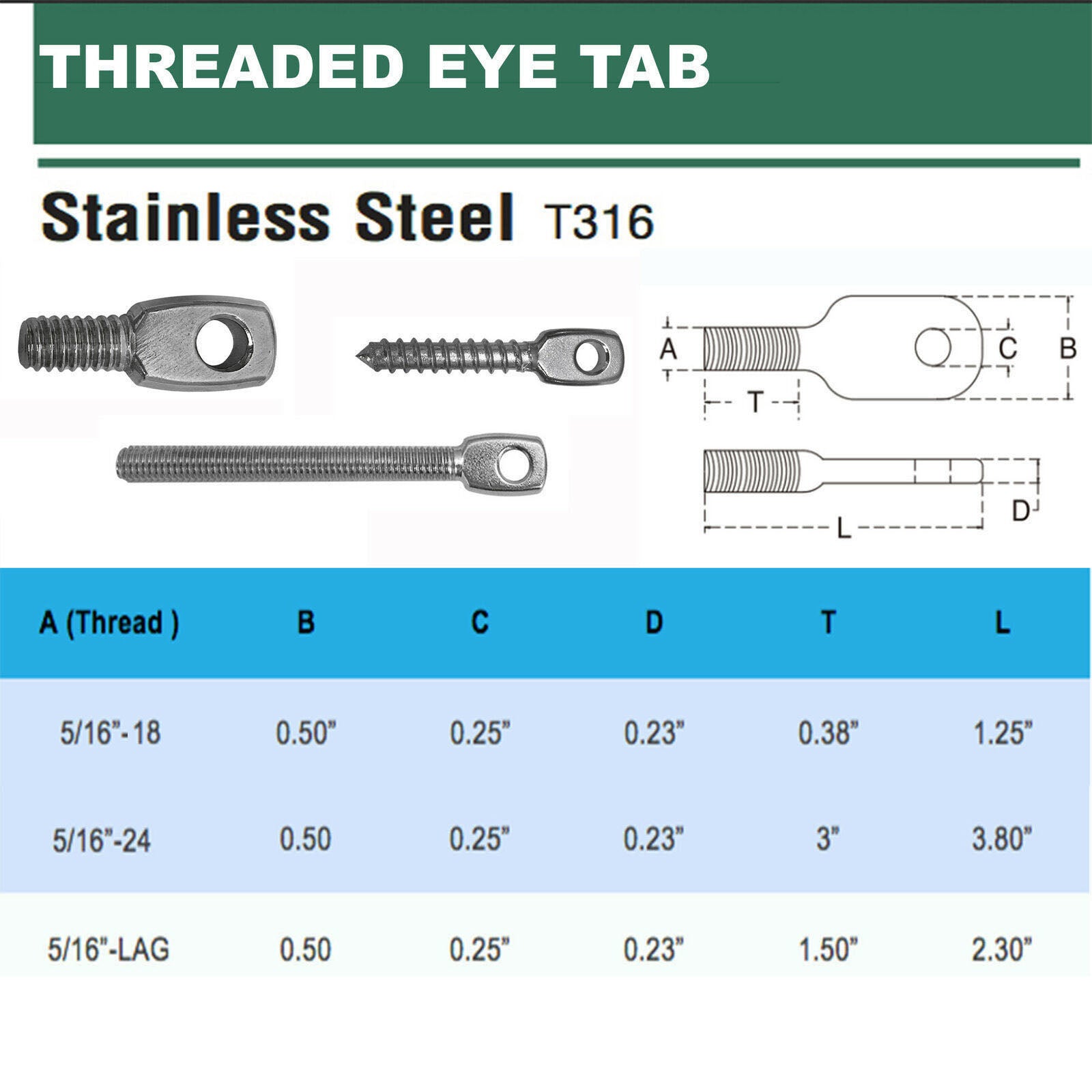 T316 Stainless Steel Threaded Eye Tab 5/16"-18 Thread, 5/16"-24 Thread