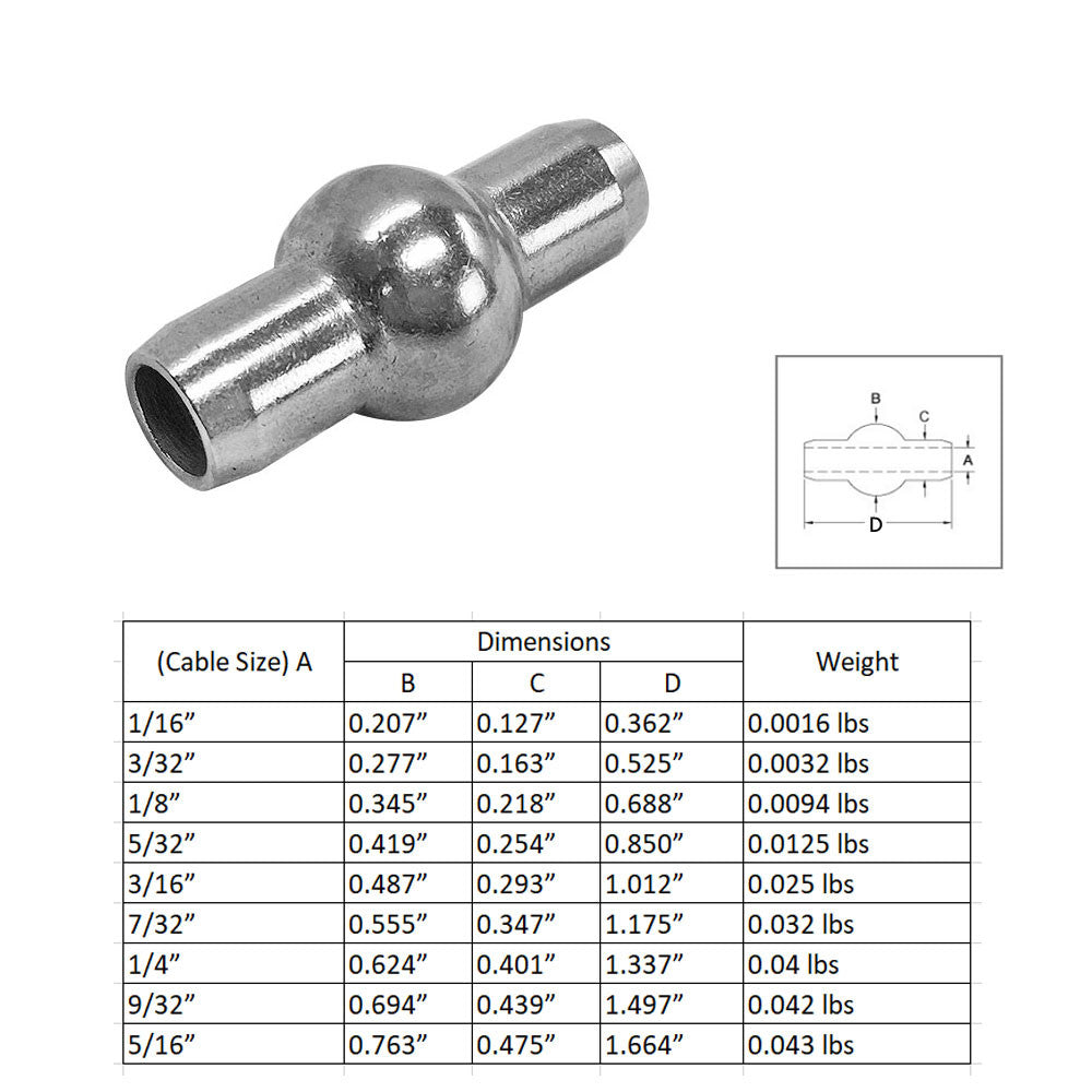 3/16" Double Shank Ball Stainless Steel 316 Swage Fitting Terminal Cab
