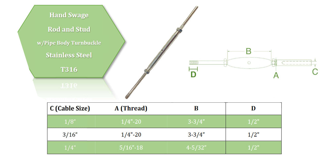 5/16'' Stainless Steel T316 Threaded Rod Swage Stud For 1/4'' Cable Ra