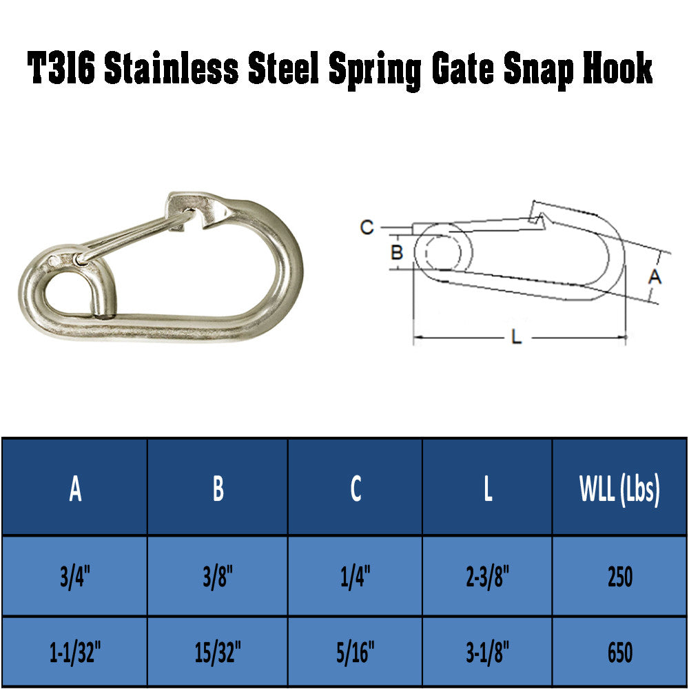 Stainless Steel T316 Marine Boat Spring Snap Type Harness Clip 1/4", 5
