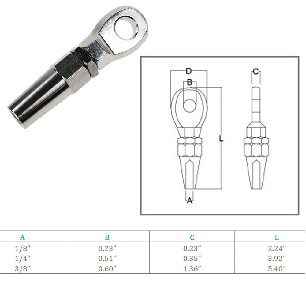 Marine Boat Stainless Steel T316 Swageless Eye Terminal Cable Rail Rai