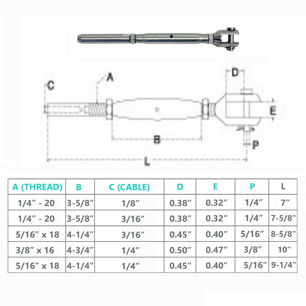 Marine Stainless Steel Thread Fork & Swage Stud Turnbuckle For Cable W